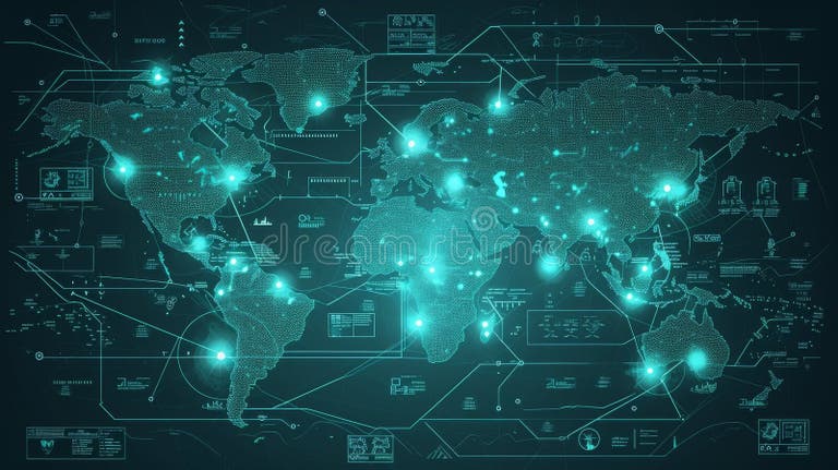 Futuristic Digital World Map with Glowing Points Stock Image - Image of ...