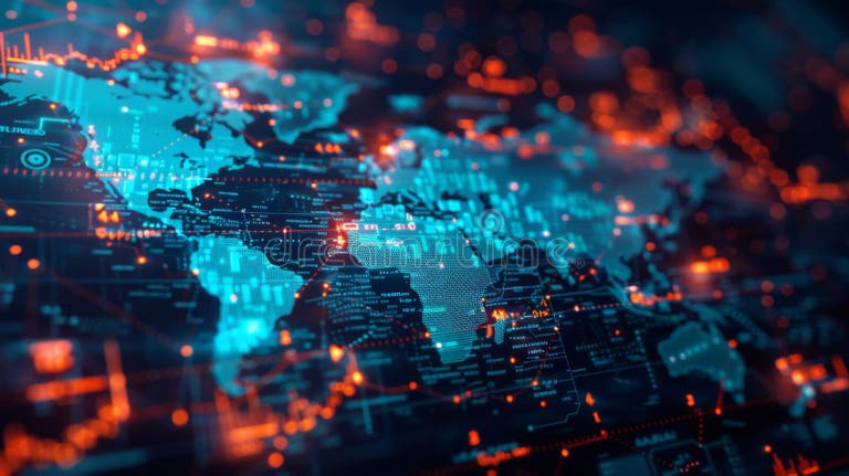 Futuristic Digital World Map with Illuminated Data Points and ...