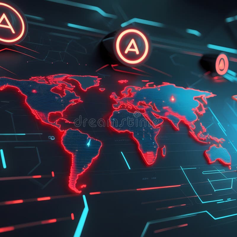 Futuristic Digital World Map Infographic with Global Cyber Targets ...