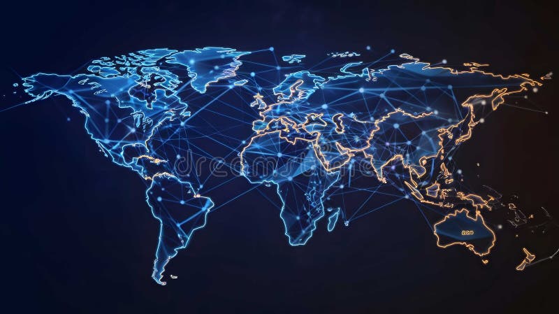 Futuristic Digital World Map with Neon Lights and Data Network Stock ...