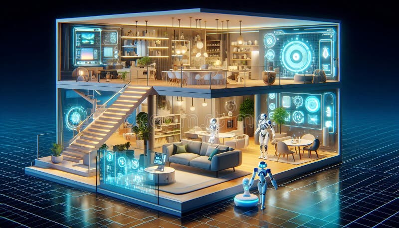Smart Home of the Future with Robots and Interactive Displays Stock Illustration - Illustration ...