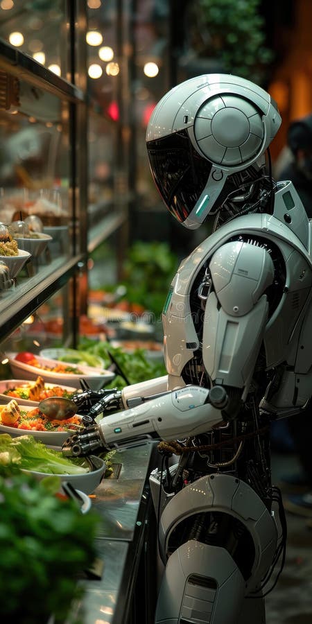 Futuristic Dining with Robots in a Modern Buffet, Hitech Integration ...
