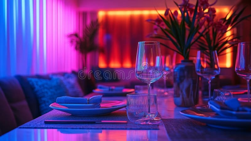 Futuristic Dining Room Featuring a Holographic Table and Ambient ...