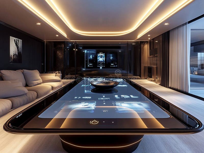 A Futuristic Dining Room Featuring a Sleek, Black Glass Table with ...
