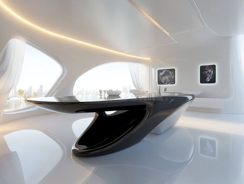 A Futuristic Dining Room Featuring a Sleek, Black Glass Table with ...