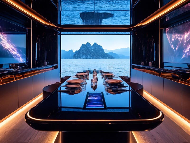 A Futuristic Dining Room Featuring a Sleek, Black Glass Table with ...