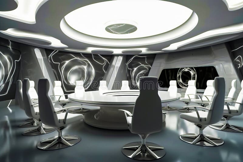 Futuristic Dining Room with White Chairs and Round Table in the Center ...