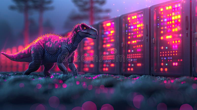 A Futuristic Dinosaur Interacts with Technology in a Colorful, Neon-lit ...