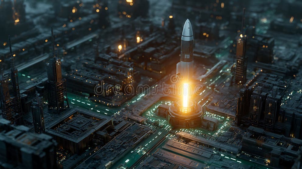 Futuristic Cityscape: Rocket Launching from Circuit Board Stock ...