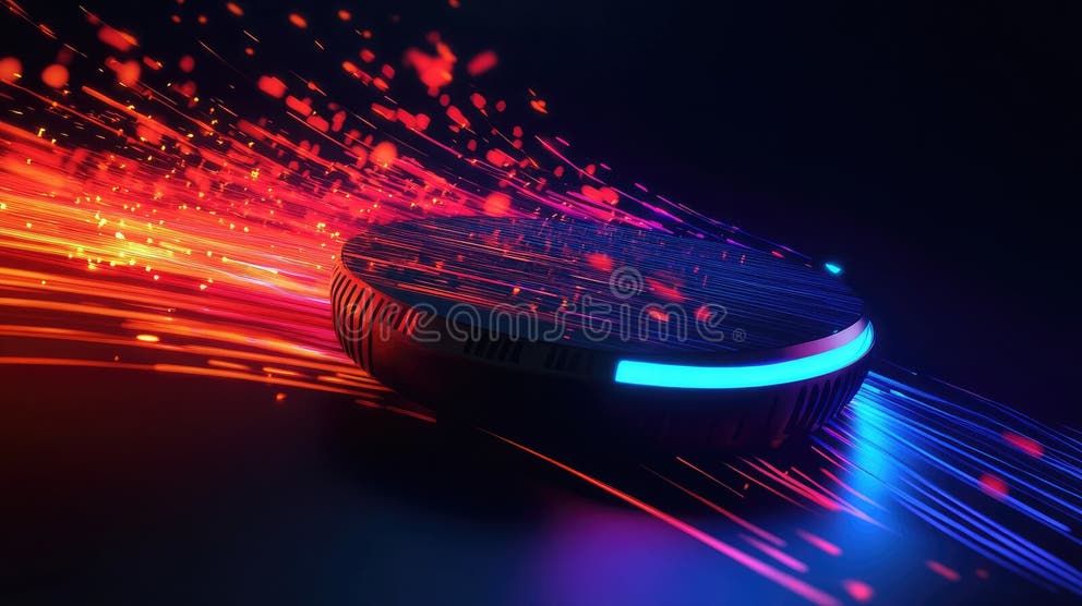 Futuristic Disc Moving at High Speed with Glowing Trail Effect Stock ...