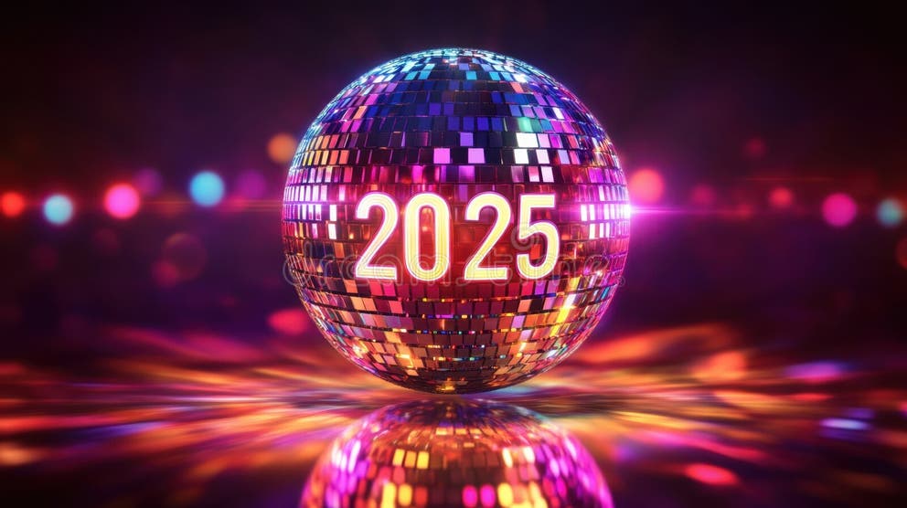 Futuristic 2025 Disco Ball Celebration with Vibrant Lights Stock Image ...