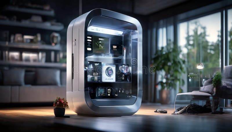 Modern Tech Gadget Display Case in a Stylish Living Room Stock Image ...