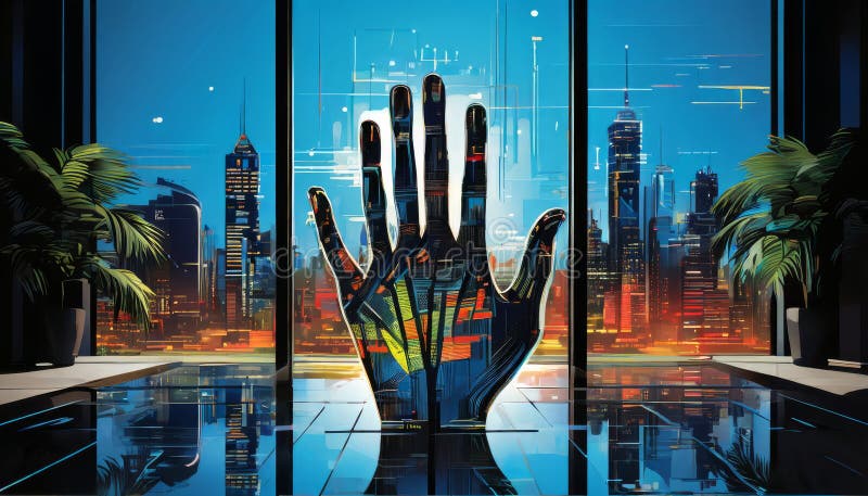 Futuristic Digital Hand Display with City Skyline in the Background ...