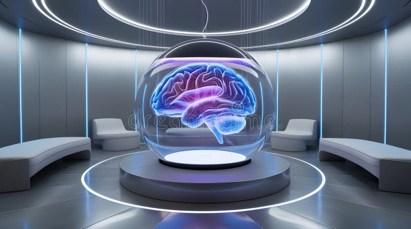 A Futuristic Display of a Glowing Brain within a Transparent Dome in a ...