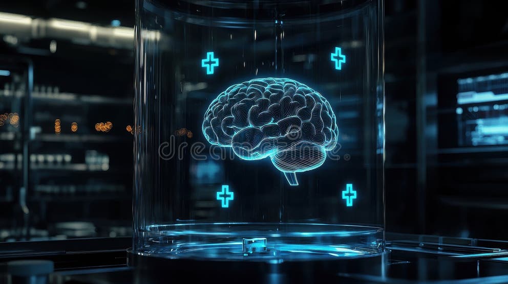 Futuristic Display of Human Brain in Transparent High-Tech Container ...