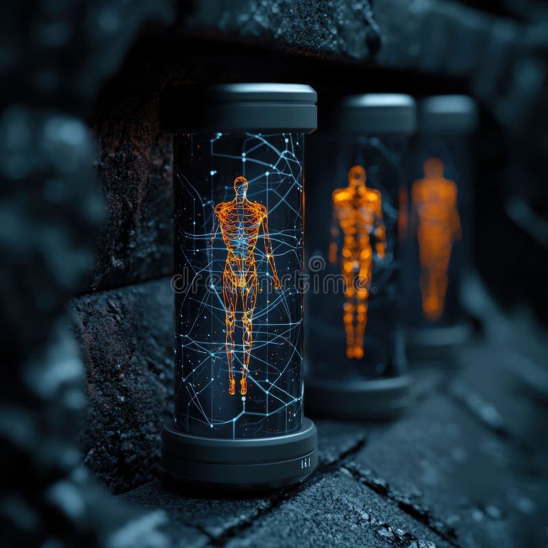 Futuristic Display of Human Figures in Glowing Containers Showcasing ...