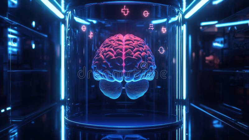 Futuristic Display of a Neon Brain in a Glass Container Stock ...