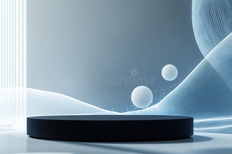 Futuristic Display Platform with Abstract Waves and Floating Spheres in ...
