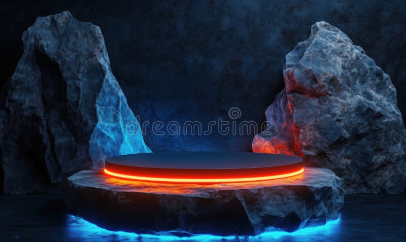 Futuristic Display Platform Surrounded by Glowing Rocky Formations in ...