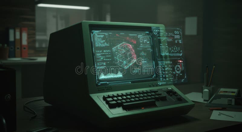 Futuristic Display on Retro Computer with Holographic Interface in Dark ...