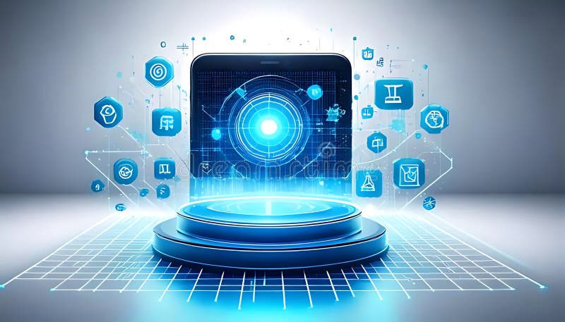 A Futuristic Display Showcases Blue, Glowing Elements Above a Bright ...