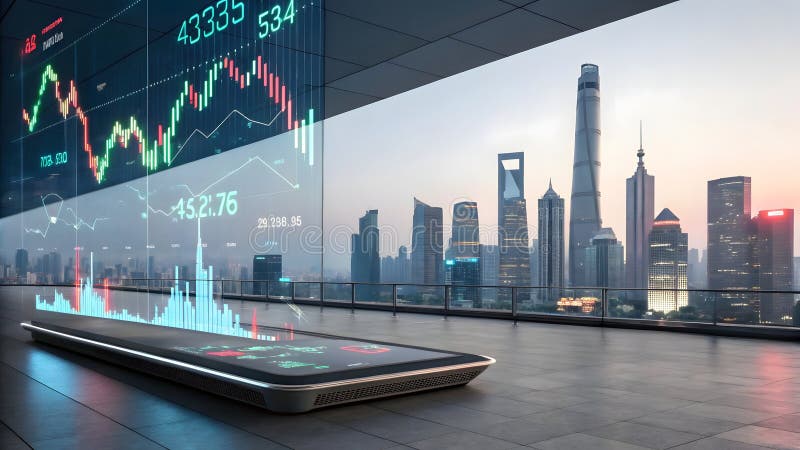 Giant Interactive Stock Market Display on Rooftop with Shanghai Skyline ...