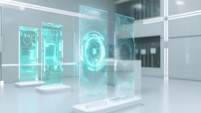 Futuristic Displays with Glowing Turquoise Interfaces in a White Modern ...