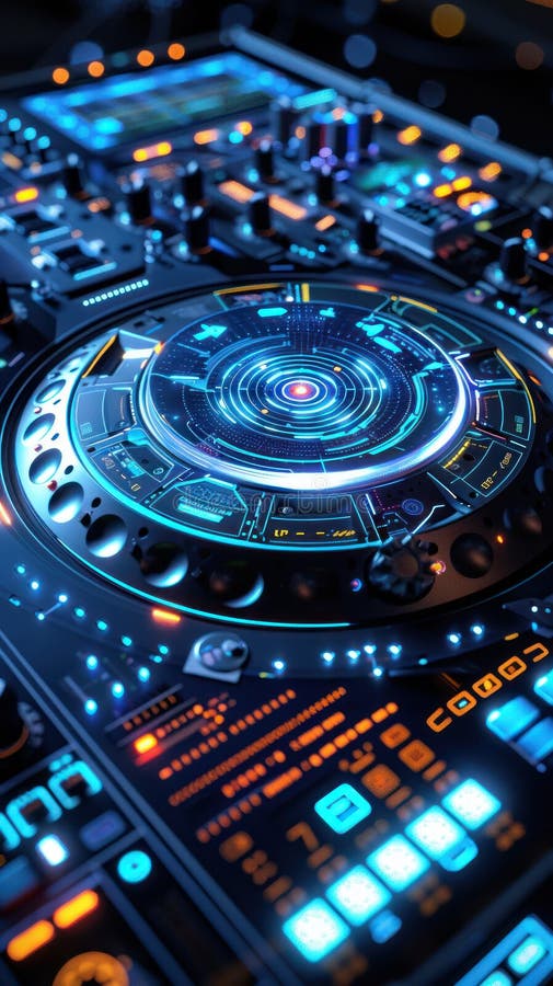 A Futuristic Dj Mixer with Blue and Orange Lights Stock Illustration ...