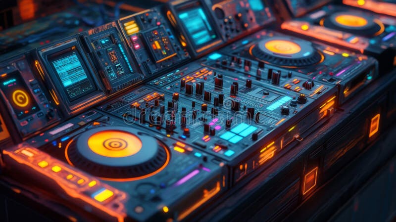 Futuristic DJ Setup with Glowing Controls and Colorful Displays Stock ...