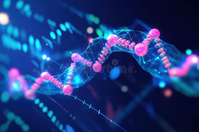 Futuristic DNA Helix with Data Visualization and Digital Network Elements. Stock Image - Image ...