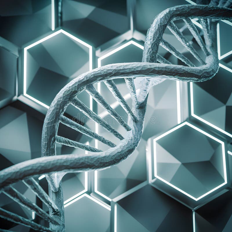 Futuristic DNA Helix with Geometric Patterns in Cool Tones, Symbolizing ...