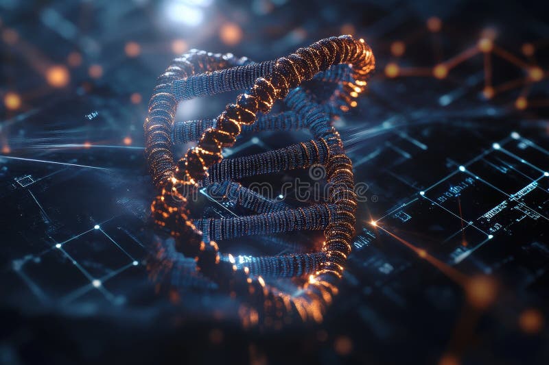 Futuristic DNA Strand with Glowing Structure in Dark Background Stock ...