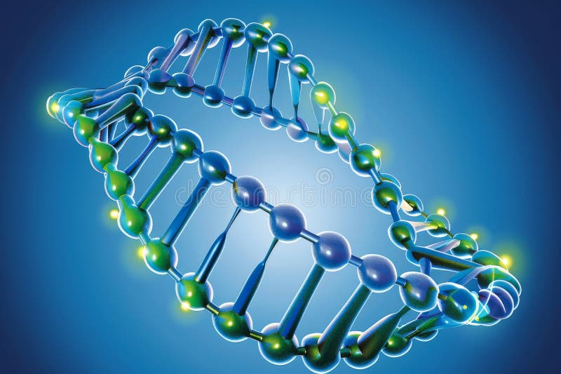 Futuristic DNA Strand with Green and Blue Particles on a Blue Gradient ...
