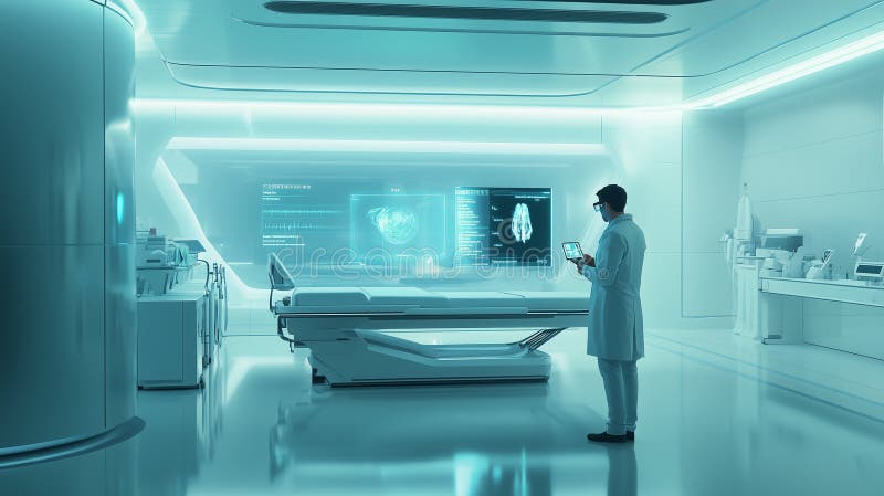 Futuristic Doctor Interacting with an Advanced AI System in a High-tech ...