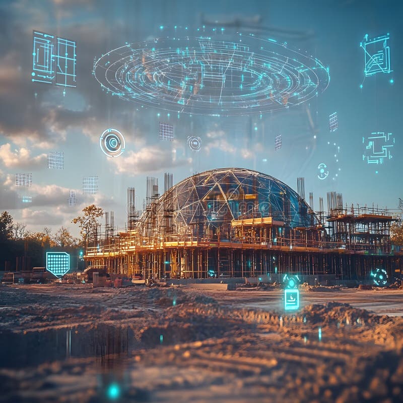 Futuristic Dome Building Construction Site Under Holographic Sky with ...