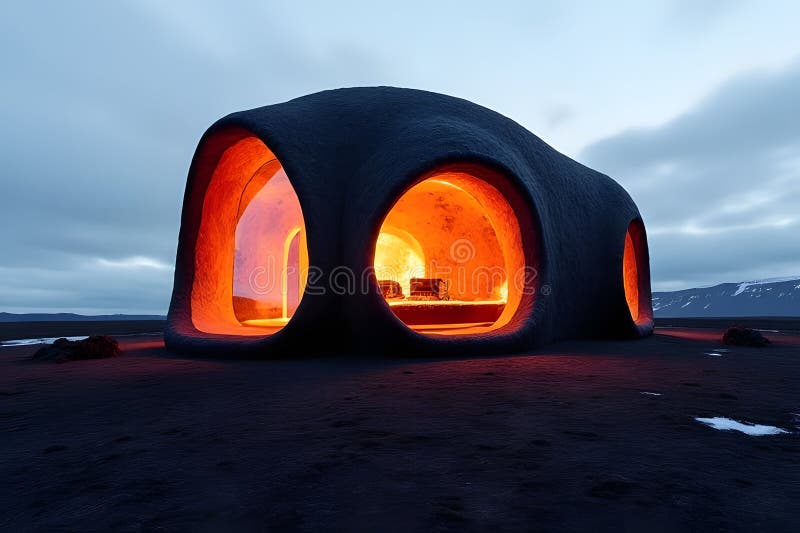 A Tiny House Shaped Like a Glowing Lava Dome, Built on a Volcanic Plain ...