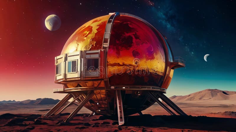 Futuristic Dome Structure on a Red Planet Landscape with Multiple Moons ...