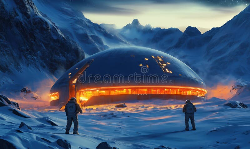 Futuristic Dome Structure in Snowy Mountains with Astronauts Exploring ...