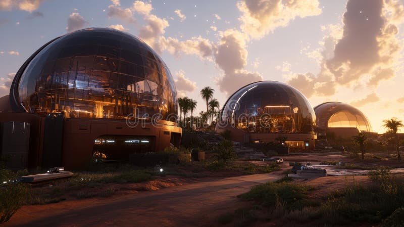 Futuristic Domed Structures Illuminated at Sunset in Desert Landscape ...