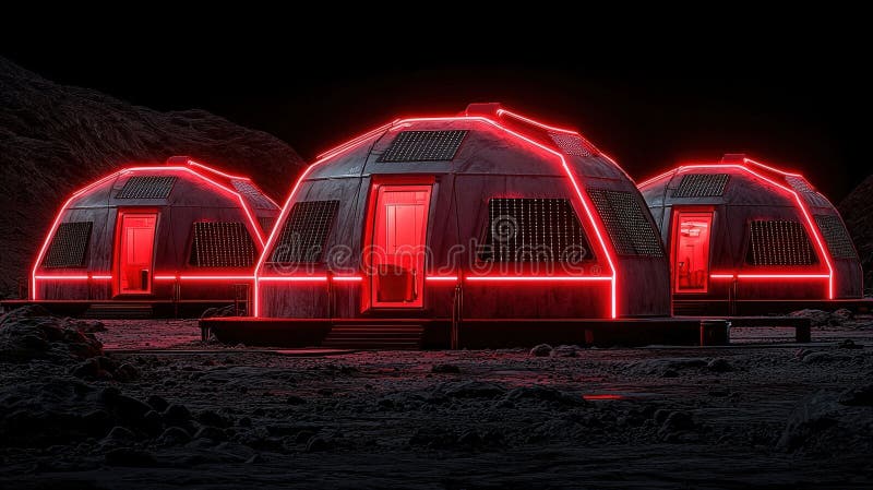Futuristic Domes with Neon Lighting on Lunar Surface at Night in ...