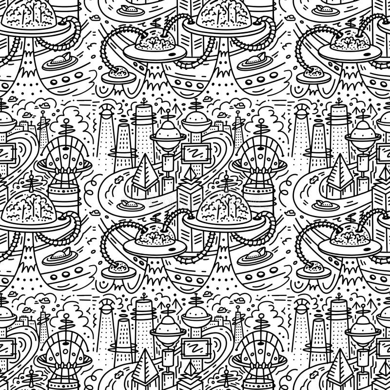 Futuristic Doodle City Seamless Pattern, Fantasy City Background ...