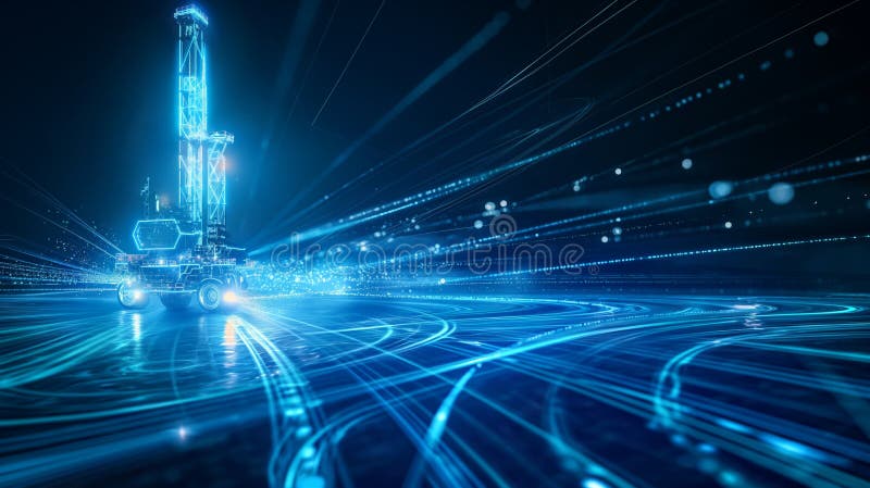 Futuristic Drilling Rig with Digital Light Trails Stock Image - Image ...