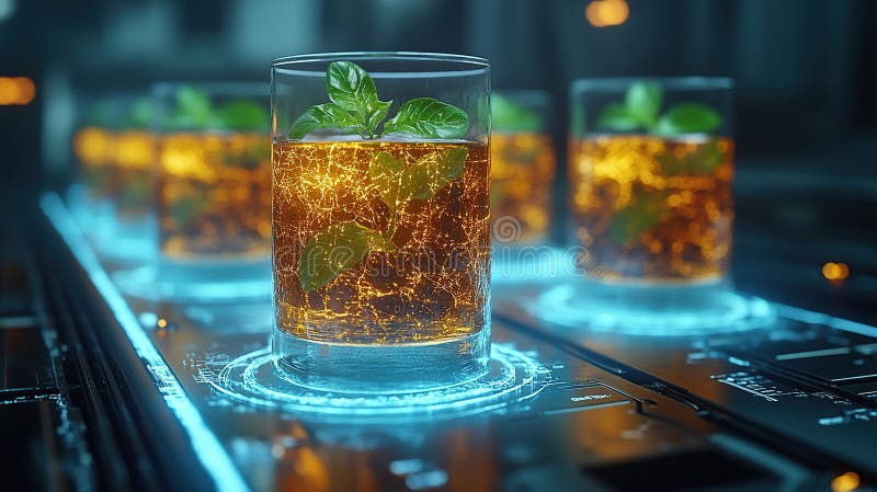 Futuristic Drinks on a Glowing Tech Platform Stock Illustration ...