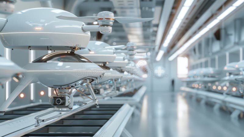 Futuristic Drone Assembly Line, Minimalist with White and Metallic ...