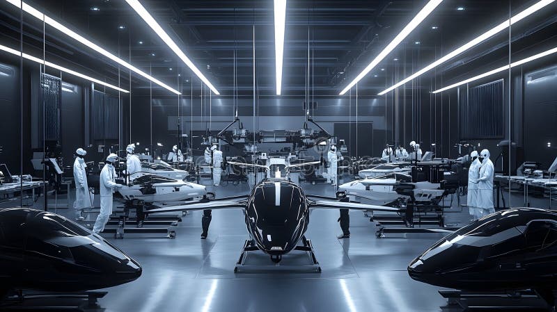 Futuristic Drone Assembly Line with Technicians in High-tech Facility ...