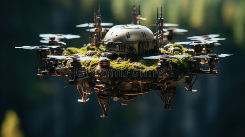 Futuristic Drone-Based Floating Island with Greenery Stock Illustration ...