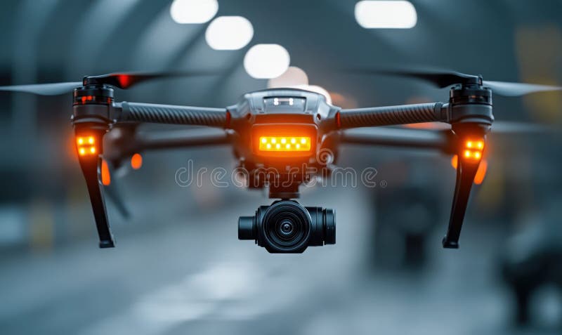 Futuristic Drone with Camera and LED Lights in Motion Stock ...