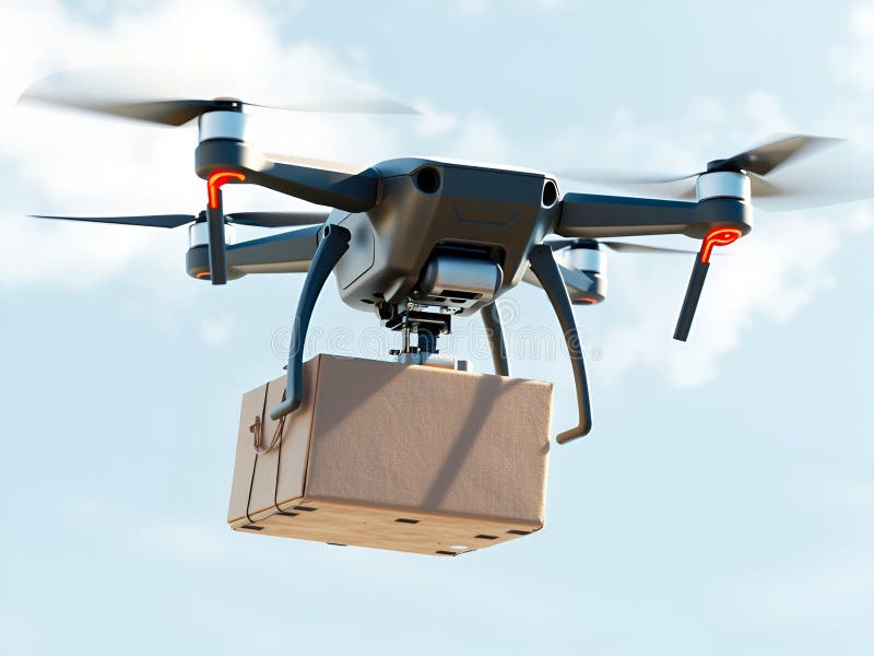 Futuristic Drone Delivery Carrying a Package in the Sky Stock ...