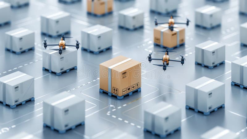 Futuristic Drone Delivery System with Drones Flying Over Packages on a ...