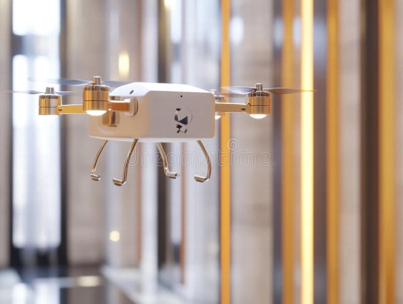 Futuristic Drone Design, White and Gold Drone Soaring in Modern ...